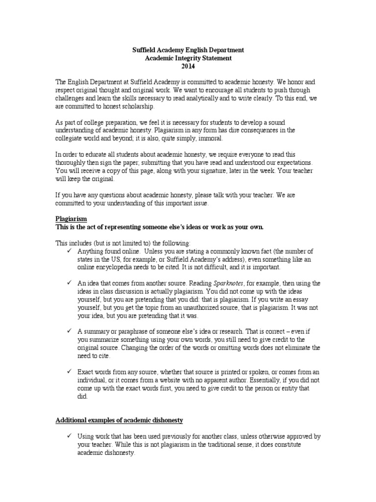 Academic Integrity Statement 2014 | PDF | Academic Dishonesty ...