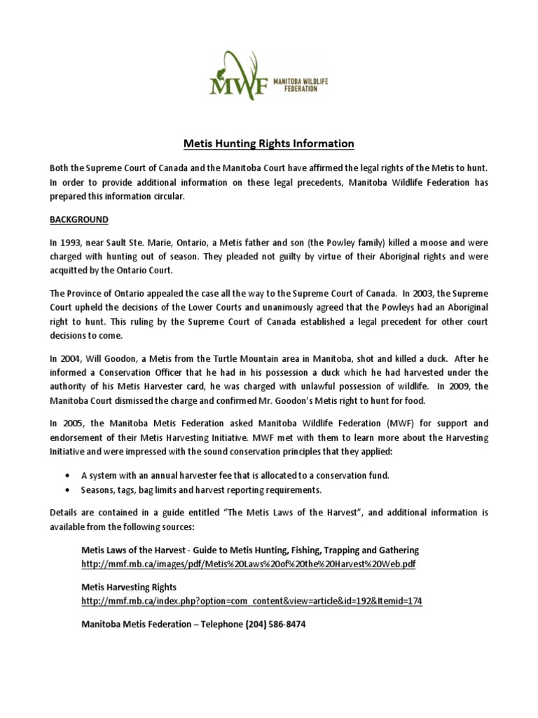 Metis Hunting Rights Overview | PDF | Hunting | Manitoba