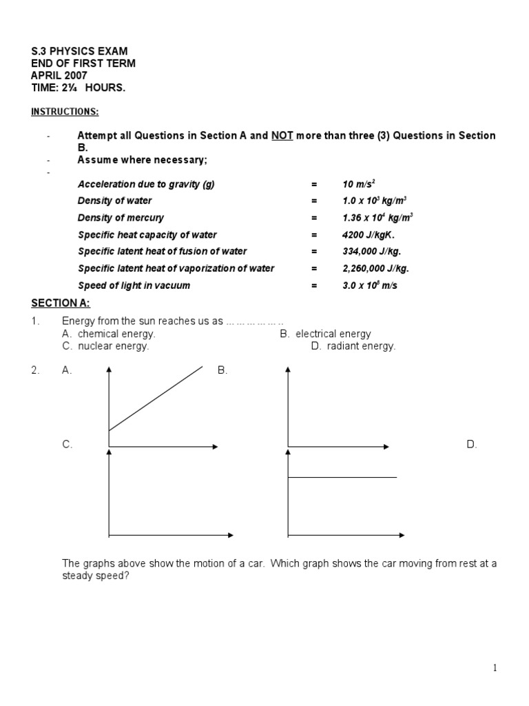 S.3 Physics Exam End of First Term APRIL 2007 Time: 2 Hours | PDF ...