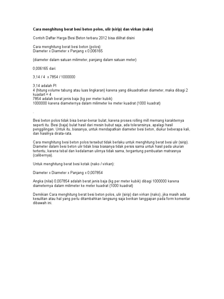 Cara Menghitung Berat Besi Beton Polos, Ulir (Sirip) Dan Virkan (Nako ...