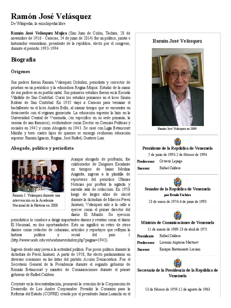 Ramón José Velásquez - Biografia | PDF | Venezuela | Gobierno