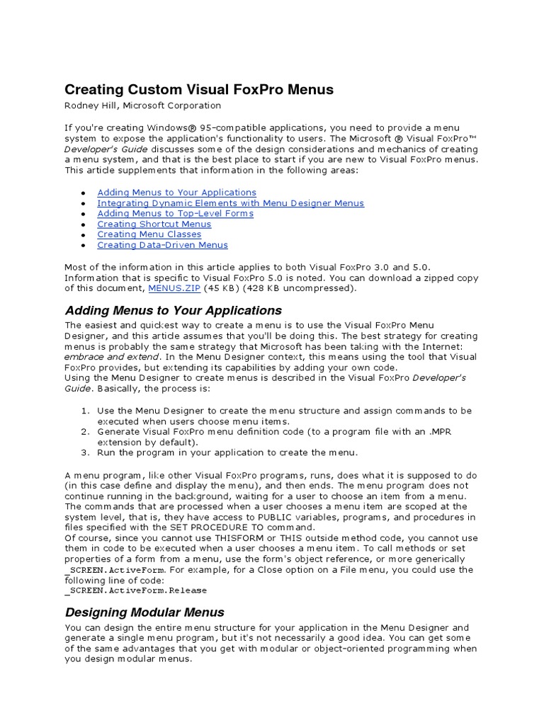 Creating Custom Visual FoxPro Menus | PDF | Menu (Computing) | Method (Computer Programming)