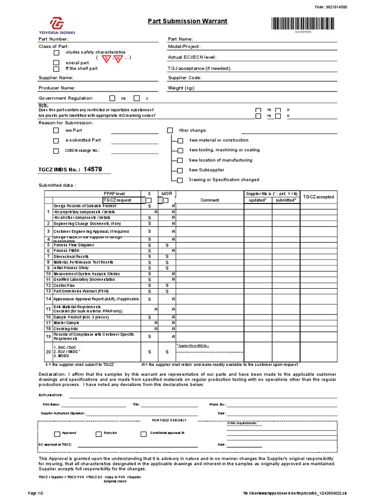 Part Submission Warrant - PSW | Download Free PDF | Business