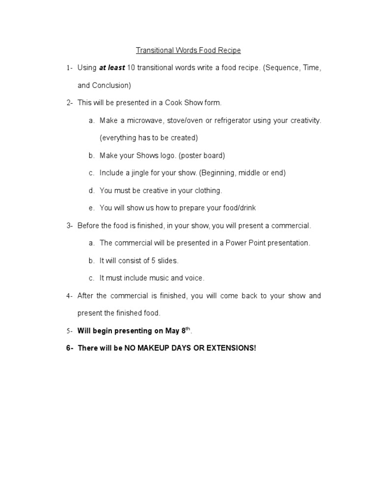 Recipe Show with Transitional Words | PDF