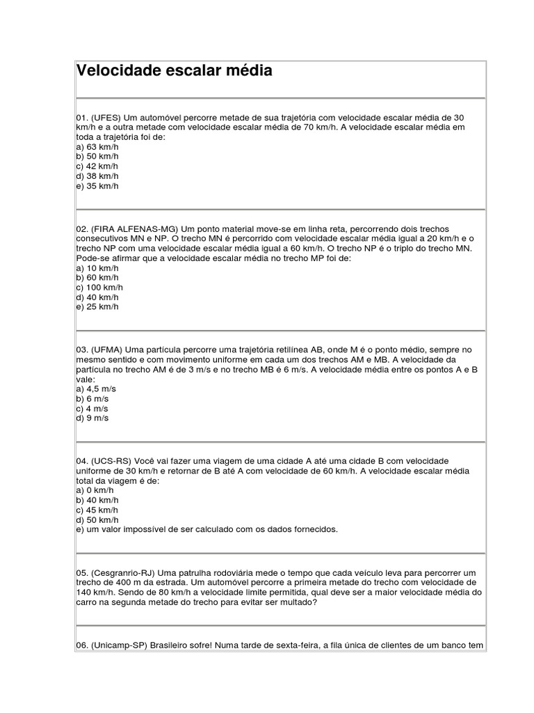 Velocidade Escalar Média | PDF | Velocidade | Média