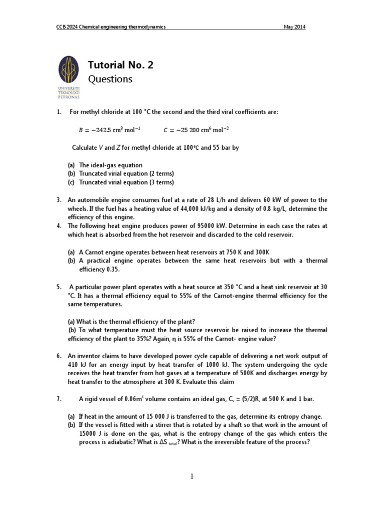 Chemical engineering thermodynamics tutorial questions | PDF | Heat | Thermodynamics