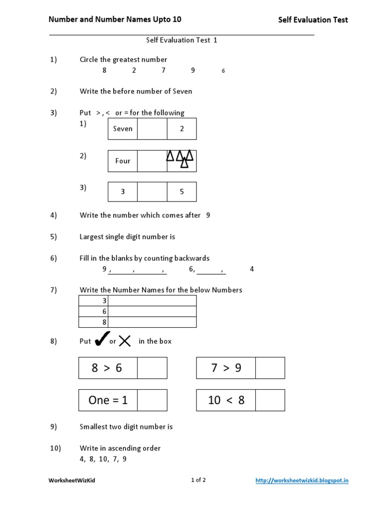 Number and Number Names Upto 10 Self Evaluation Test: Worksheetwizkid | PDF