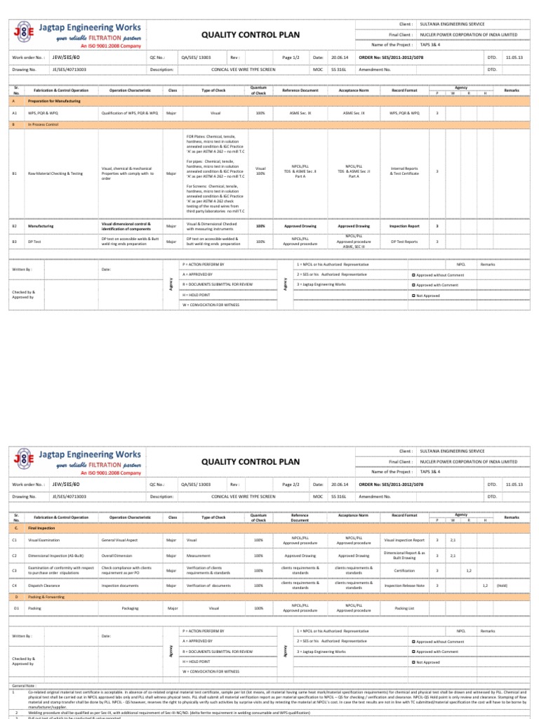 QAP For Conical Strainer | PDF | Industries | Production And Manufacturing