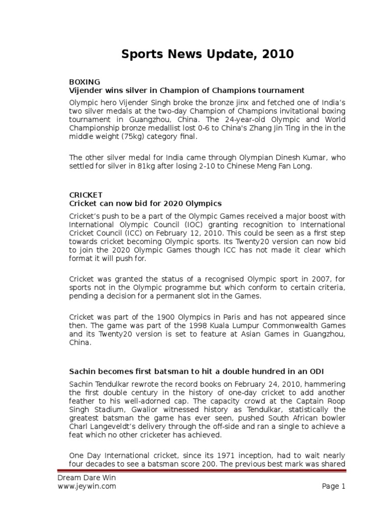 Sports News Update 20101 | PDF | Sports Competitions | International ...