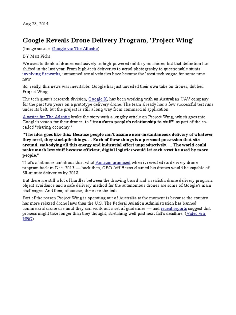 Google Unveils Project Wing Drone Delivery | PDF