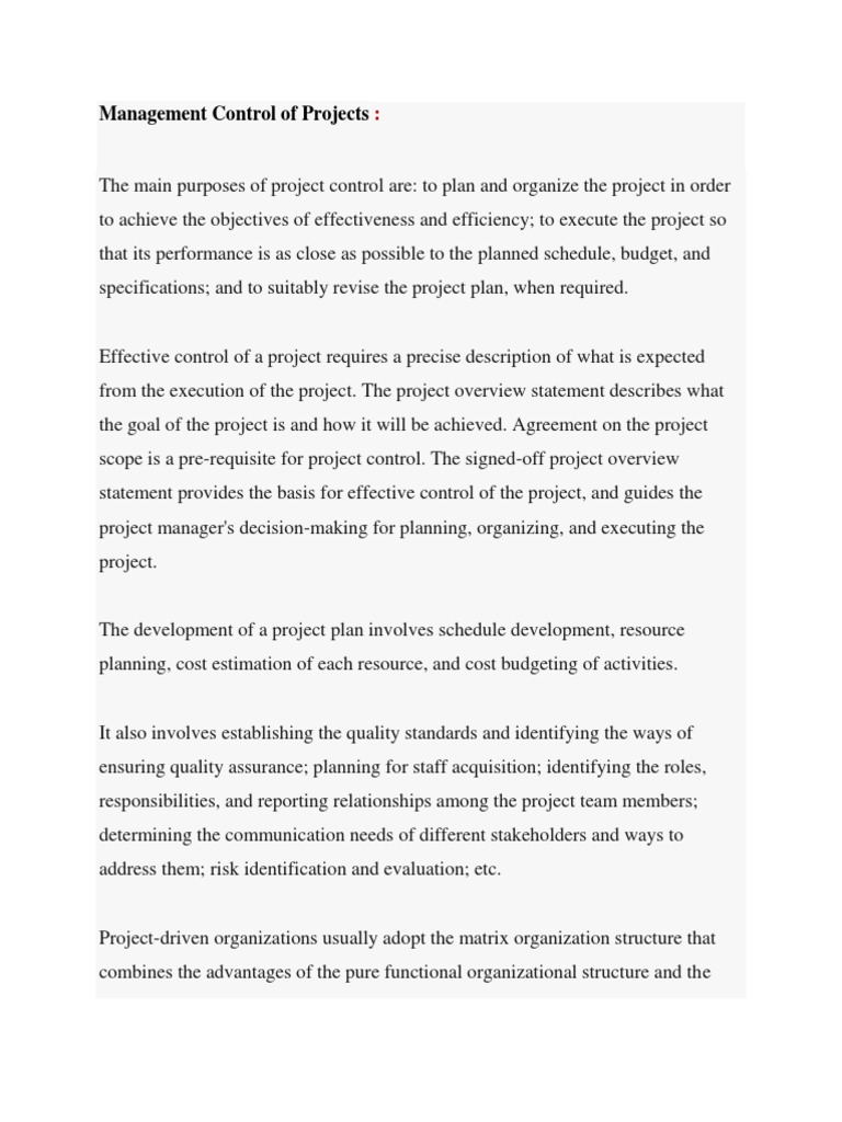 Project Management Control Techniques | PDF | Organizational Structure ...