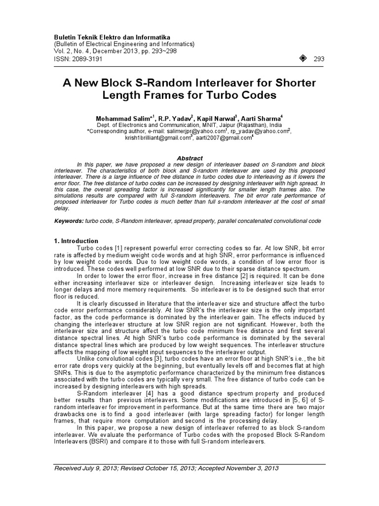 A New Block S Random Interleaver For Shorter Length Frames For Turbo Codes Pdf Forward Error