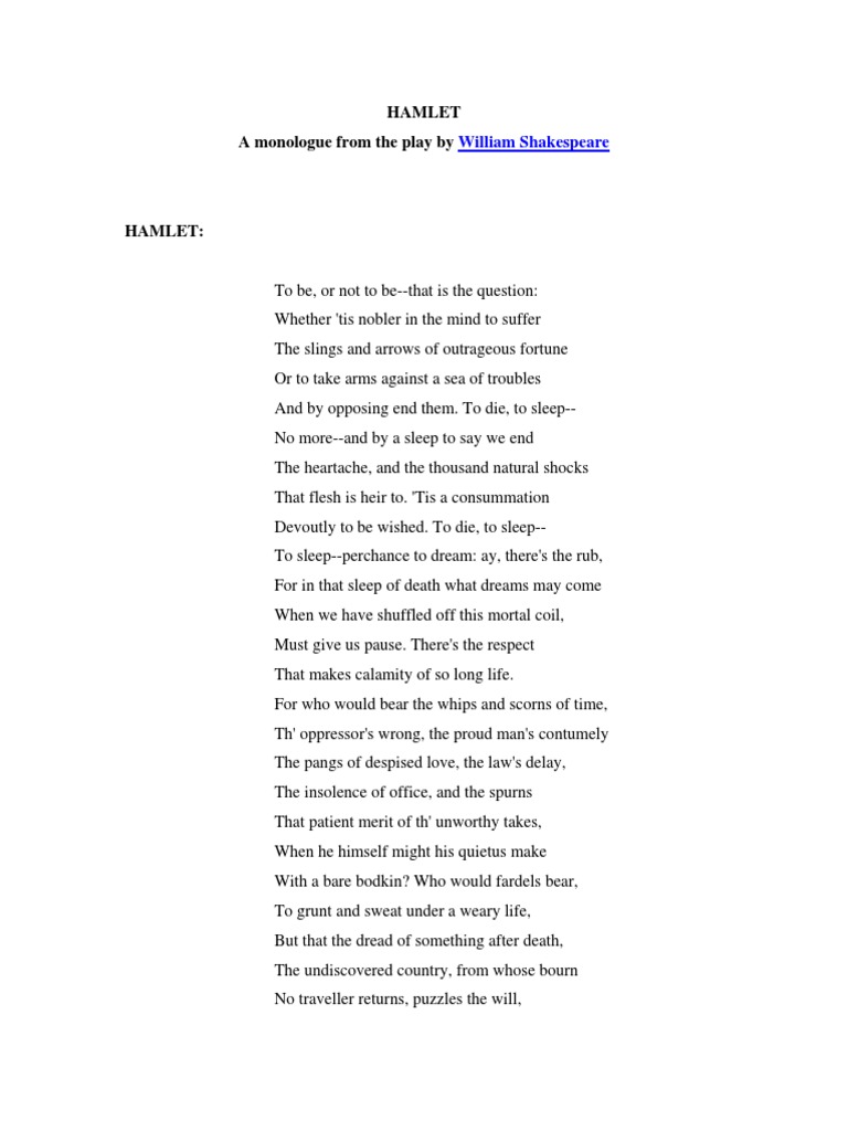 Hamlet A Monologue From The Play By: William Shakespeare | PDF