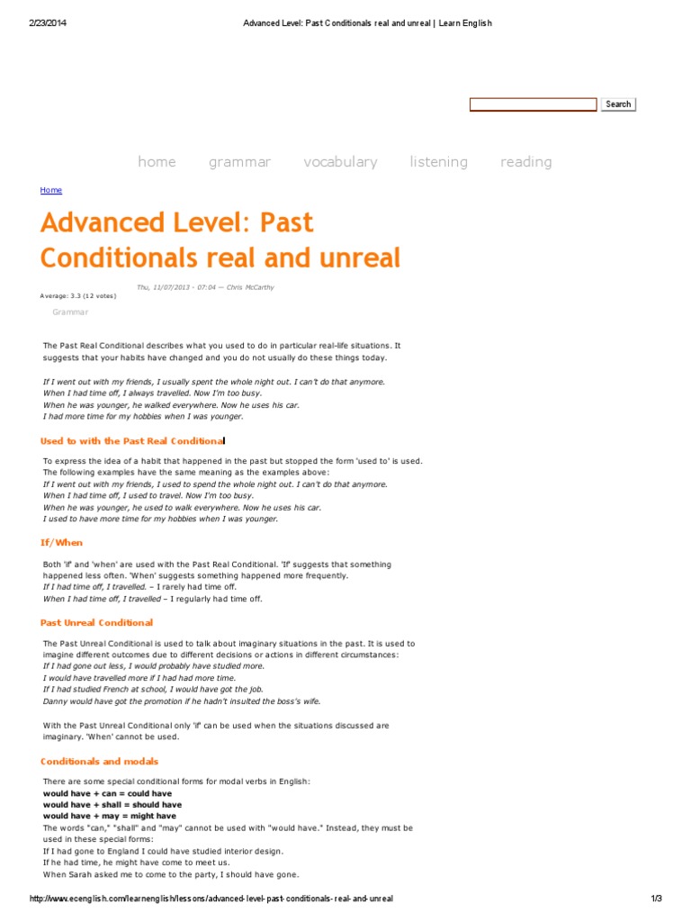 Advanced Level - Past Conditionals Real and Unreal - Learn English ...