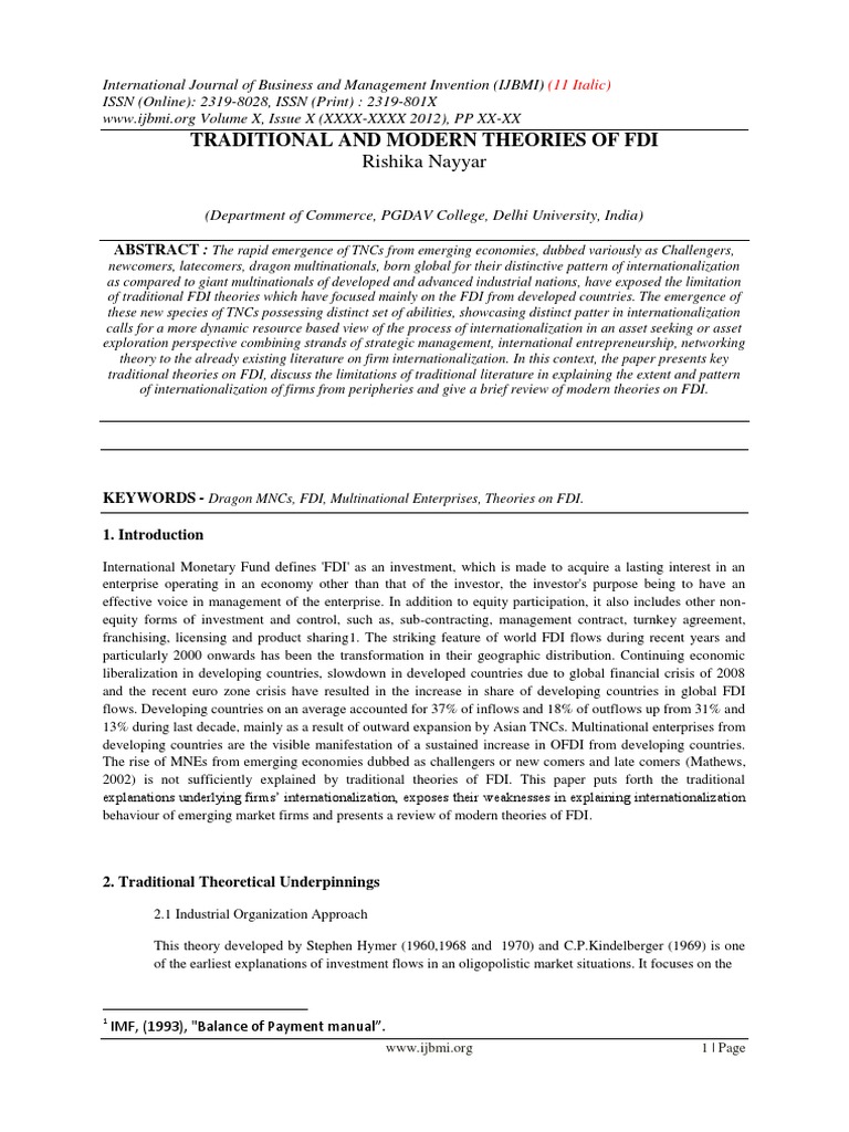 Traditional and Modern FDI Theories | PDF | Internationalization ...