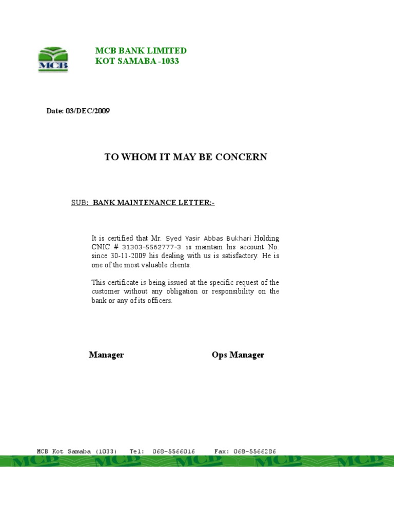 Bank Maintenance Letter for Client | PDF