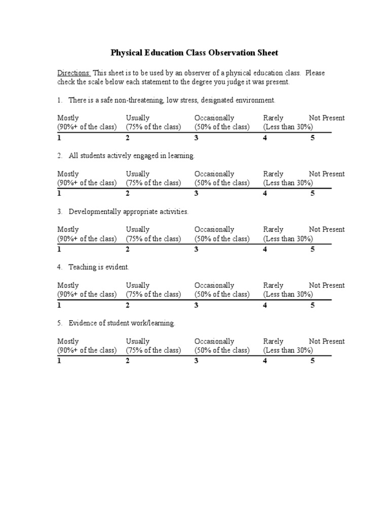 Physical Education Class Observation Sheet | PDF | Pedagogy | Cognitive ...