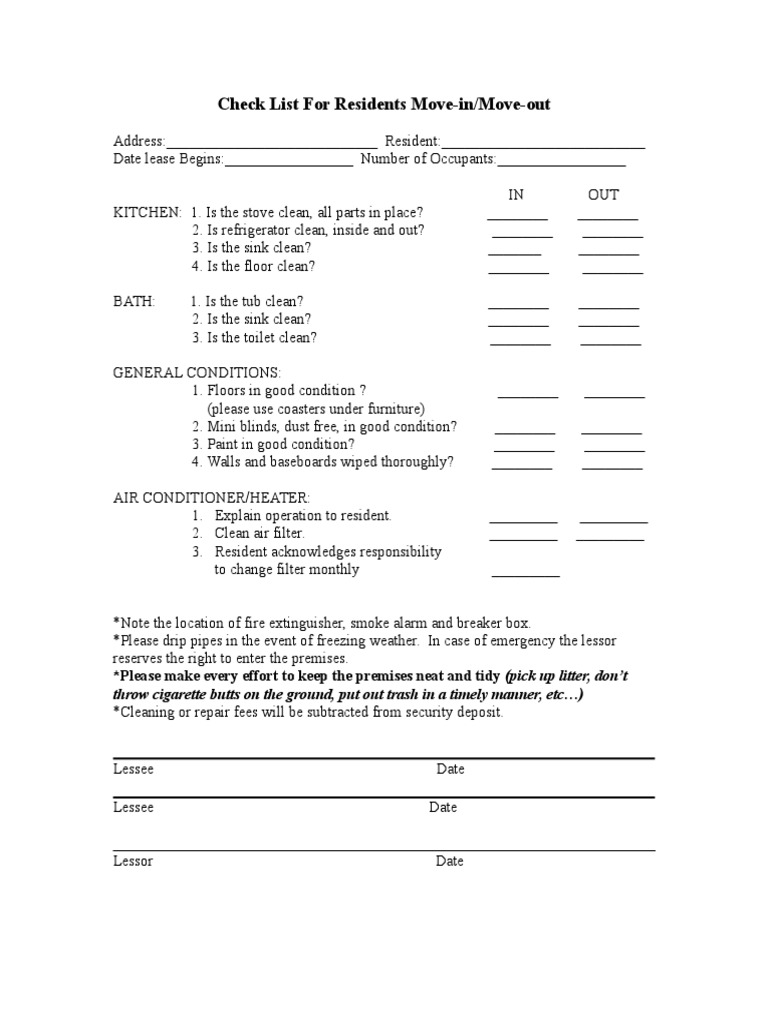 Move-In/Out Checklist for Residents | PDF | Pollution | Determinants Of ...