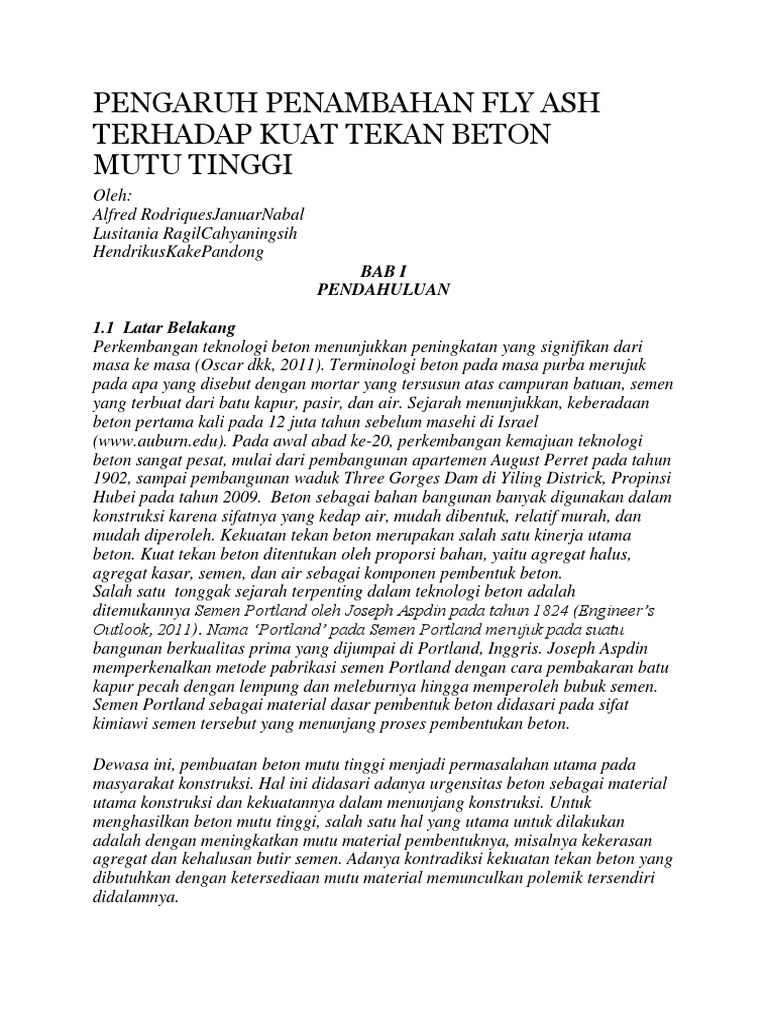 Pengaruh Penambahan Fly Ash Terhadap Kuat Tekan Beton Mutu | PDF