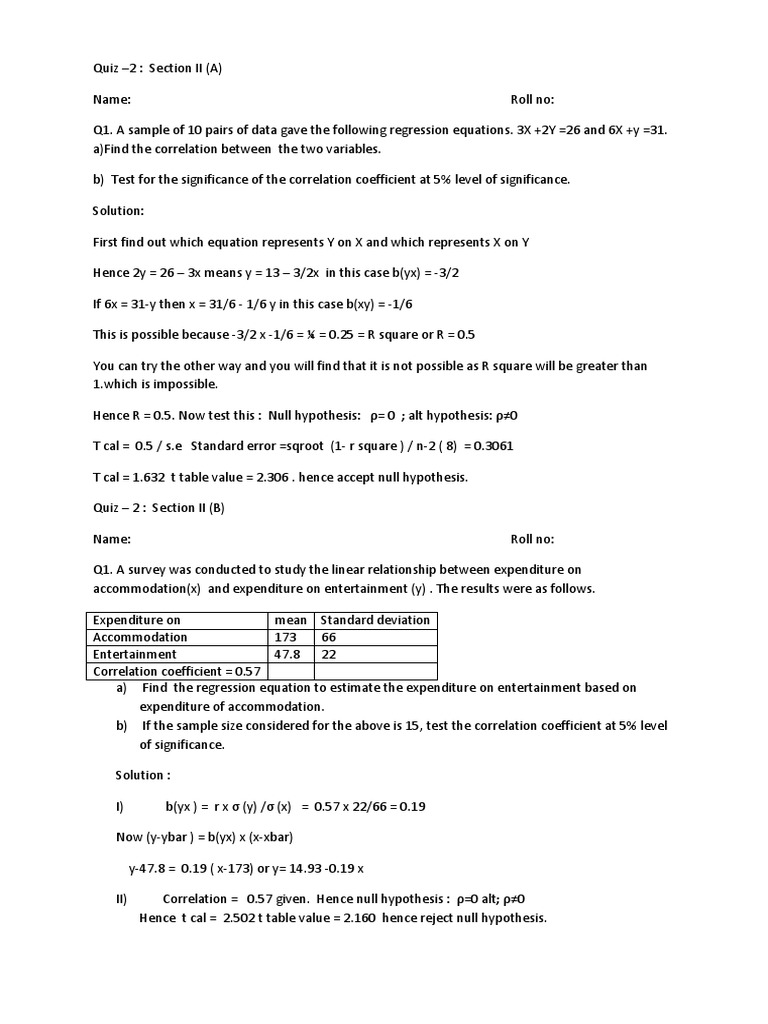 POQ:quiz | Errors And Residuals | Correlation And Dependence
