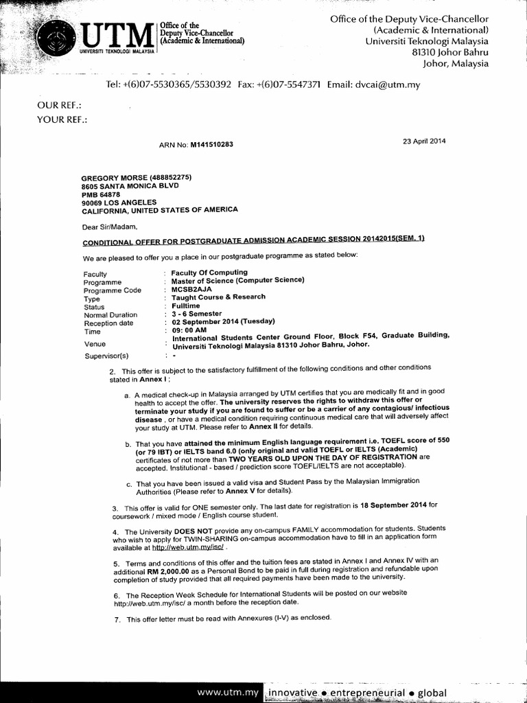 Universiti Teknologi Malaysia (UTM) Offer Letter | PDF | Travel Visa ...