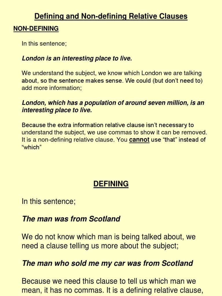 Defining vs Non-Defining Clauses | PDF | Clause | Sentence (Linguistics)