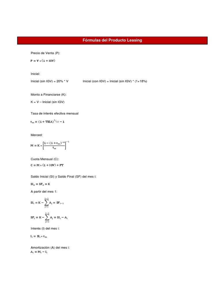 Leasing Formulas y Ejemplo | PDF | Arrendamiento | Amortización (Negocio)