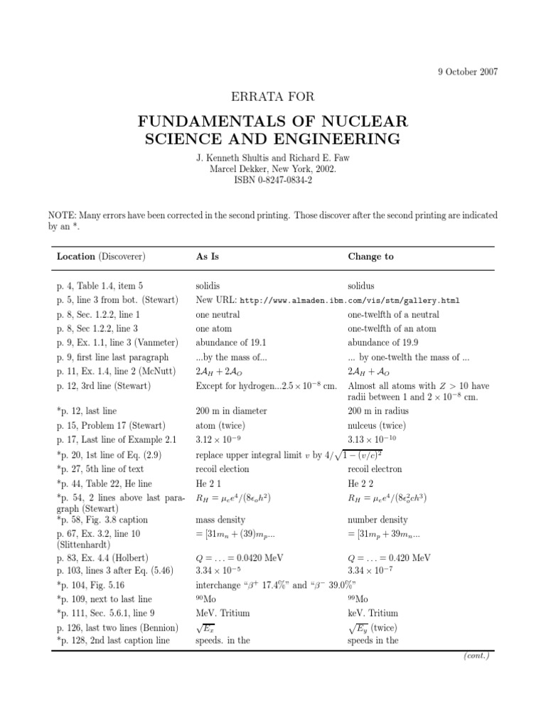 (Errata) Fundamentals of Nuclear Science and Engineering | PDF | Atomic Nucleus | Nuclear Physics