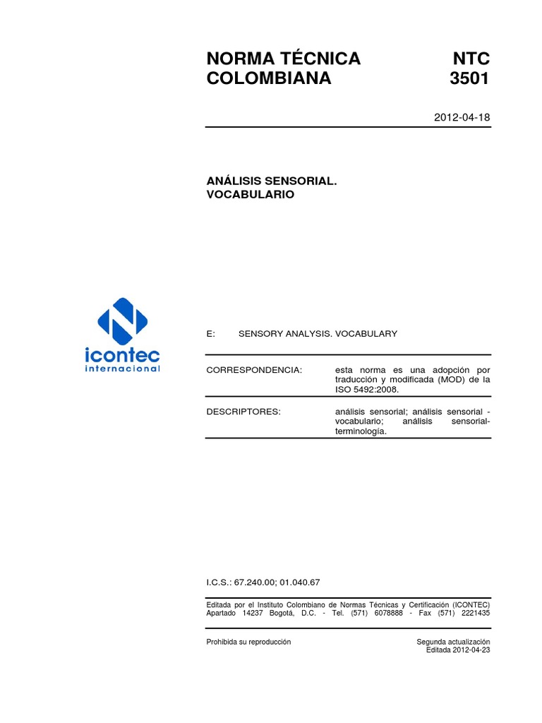Vocabulario de Análisis Sensorial NTC 3501 | PDF | Ciencia y Tecnología | Calidad (comercial)