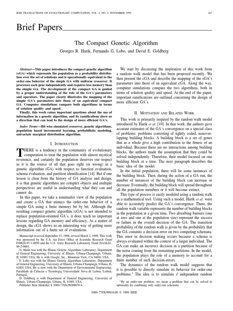 Brief Papers: The Compact Genetic Algorithm | PDF | Genetic Algorithm ...