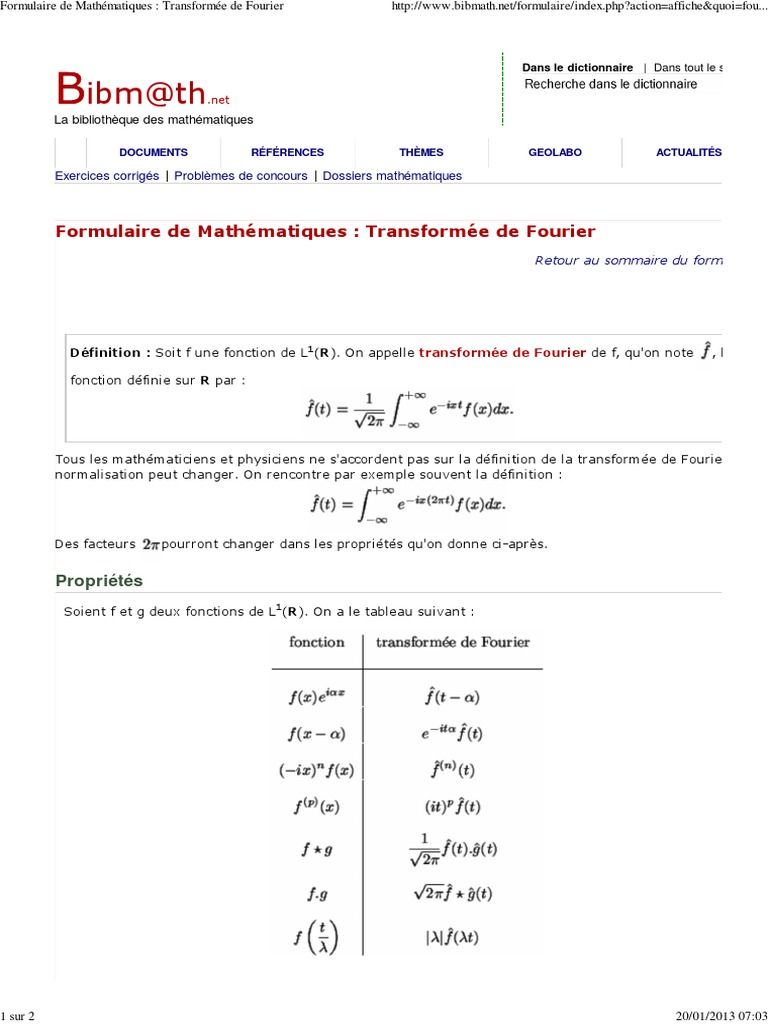 Formulaire de Mathématiques - Transformée de Fourier | PDF ...