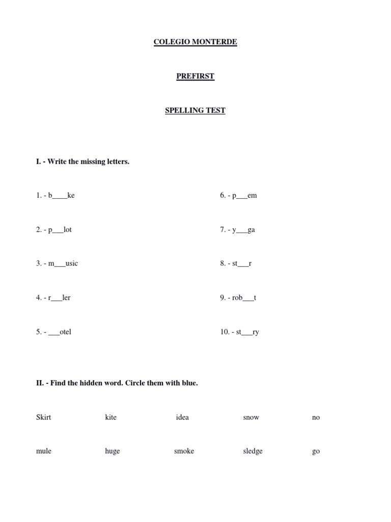 Prefirst Spelling Test | PDF