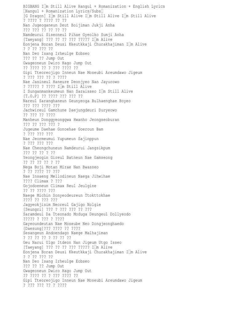 BIGBANG I'm Still Alive Hangul + Romanization + English Lyrics | PDF