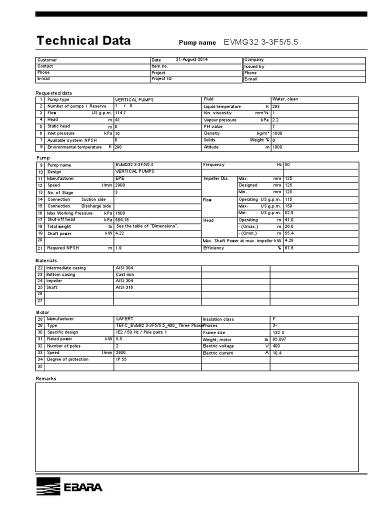 Vertical Multistage Pump Specifications | PDF | Pump | Gases