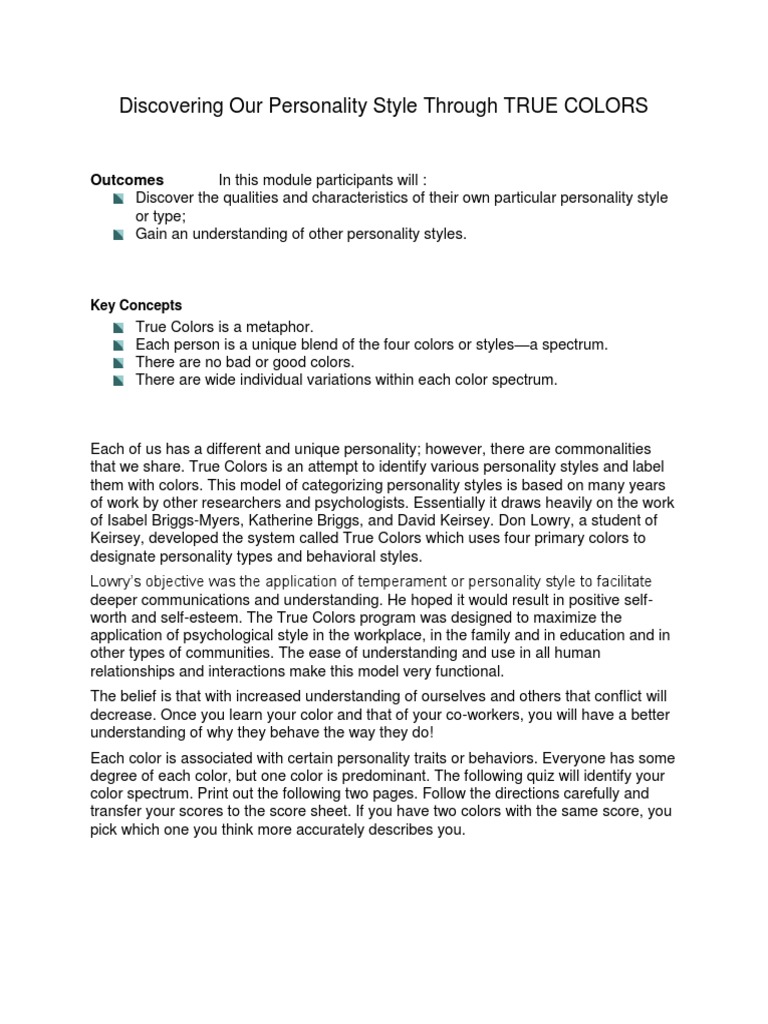 Understanding True Colors Personality Types | PDF | Color | Metaphysics ...