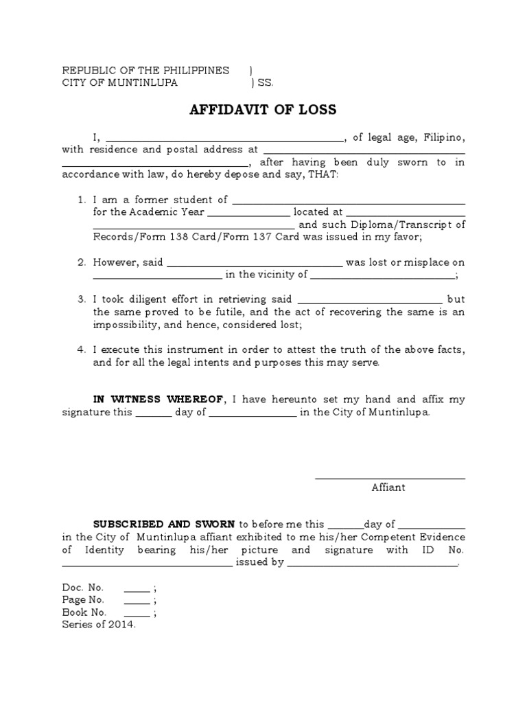 Affidavit of Loss Diploma-Form138-Form137 | PDF