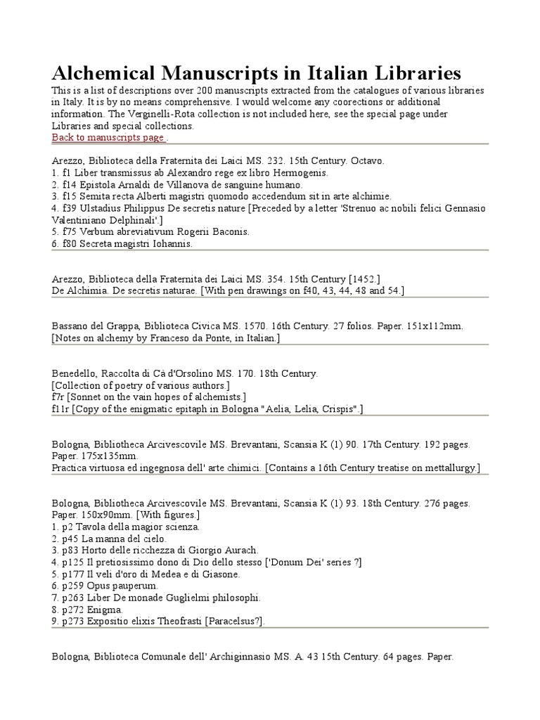 Alchemical Manuscripts in Italian Libraries | PDF | Alchemy | Gold