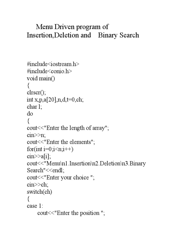 Menu Driven Program of Insertion, Deletion and Binary Search | PDF | Computer Programming ...