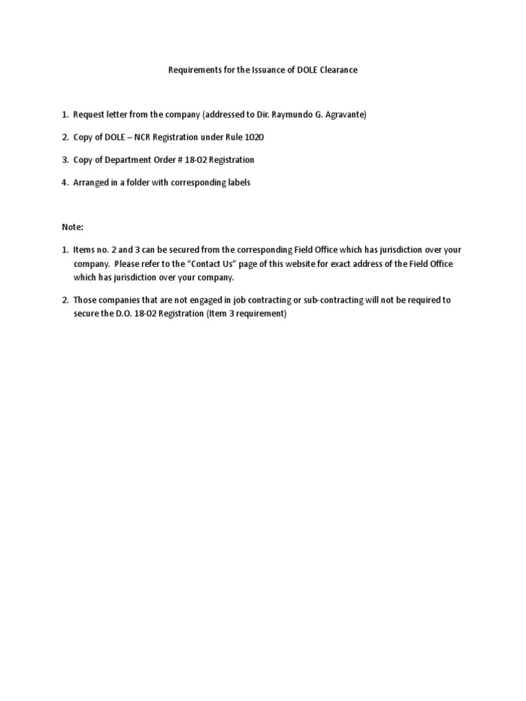 Requirements Issuance of DOLE Clearance | PDF