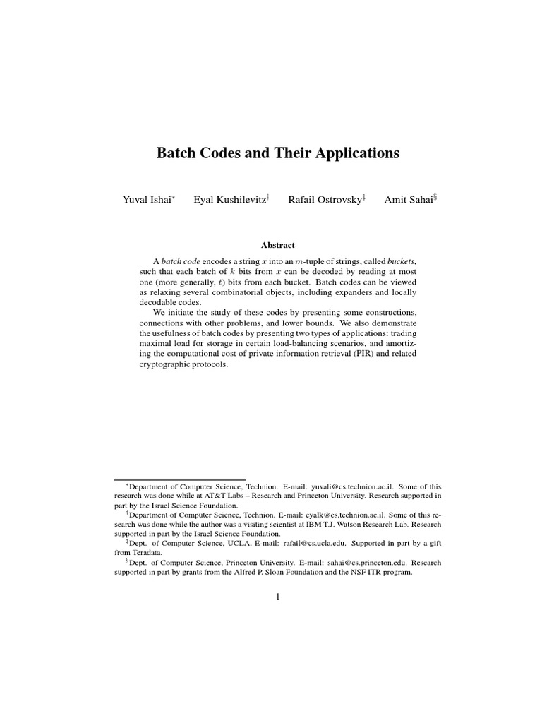 Batch Codes and Their Applications: Yuval Ishai Eyal Kushilevitz Rafail ...
