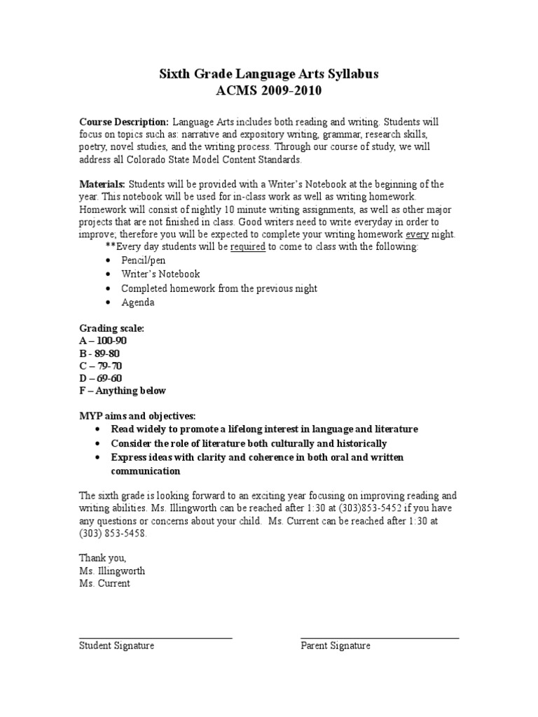 Sixth Grade Language Arts Syllabus 2009-2010 | PDF
