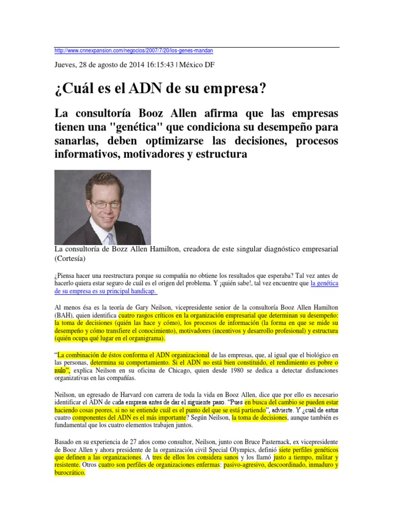 Cuál Es El Adn De Su Empresa Pdf Toma De Decisiones Adn