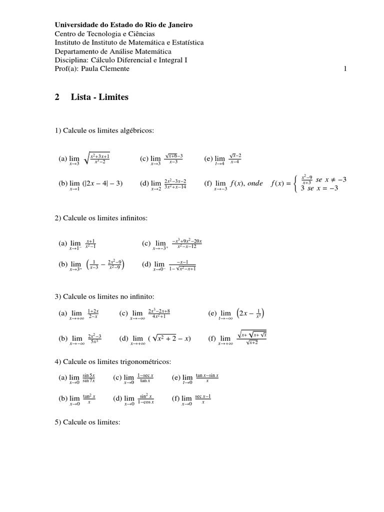2 Lista - Limites | PDF | Teaching Methods & Materials | Science ...