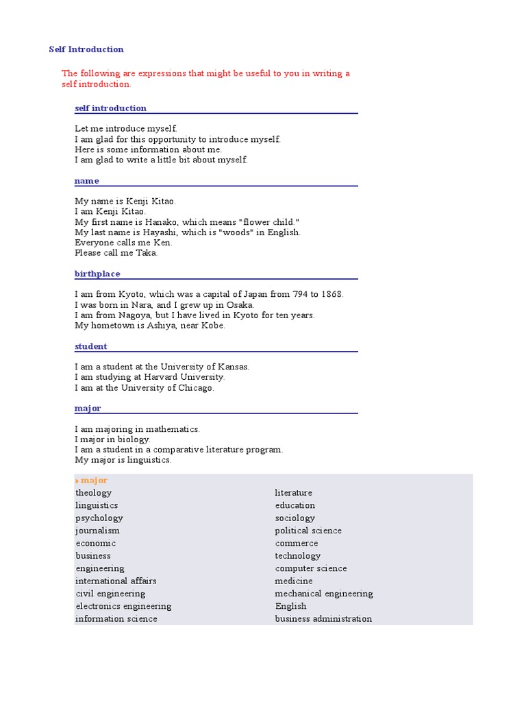 Self Introduction | Hobbies | Further Education