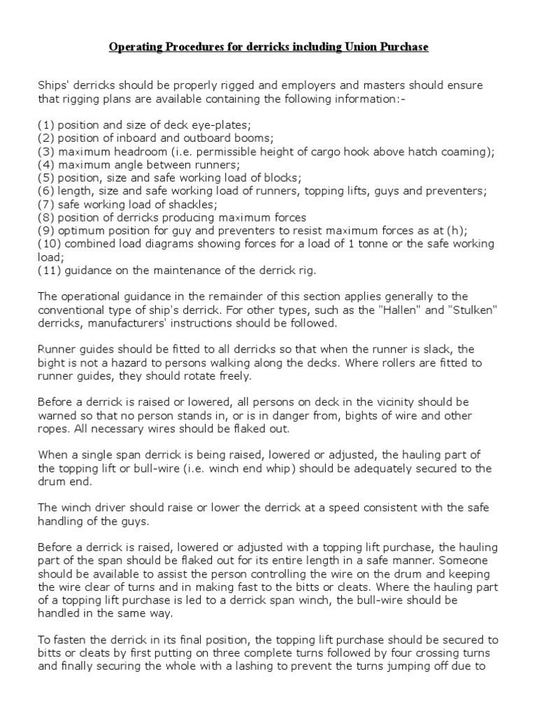 Operating Procedures For Derricks Including Union Purchase | PDF