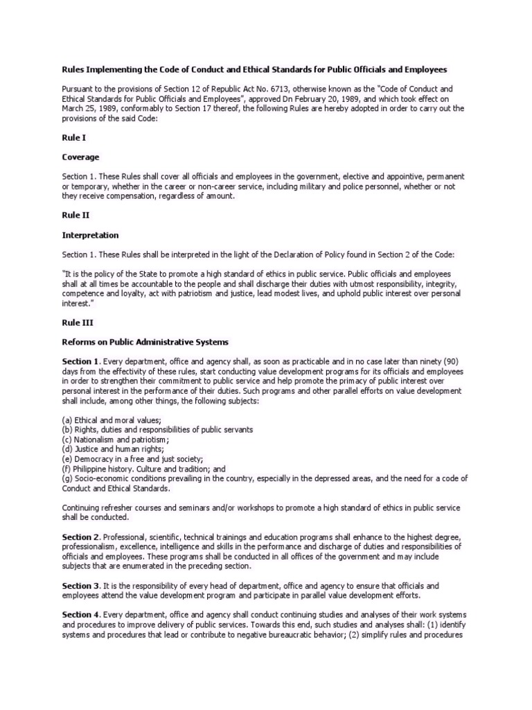 Rules Implementing The Code of Conduct and Ethical Standards For Public ...
