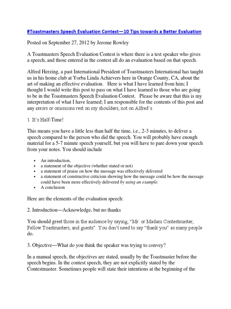 Tips for Toastmasters Evaluations | PDF | Evaluation | Cognitive Science