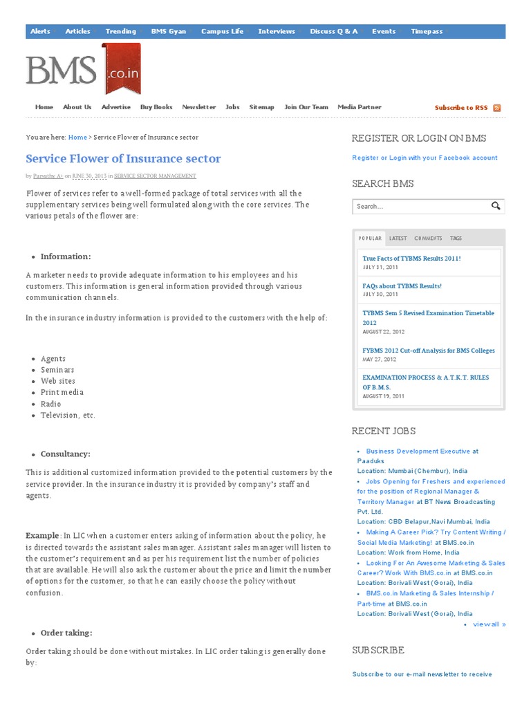 Service Flower of Insurance Sector - BMS - Co | PDF | Sales | Insurance