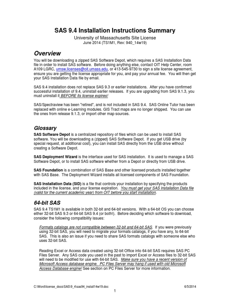 SAS 9.4 Installation Instructions | PDF | 64 Bit Computing | Sas (Software)