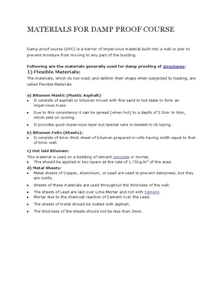 Materials for Damp Proof Course | Asphalt | Mortar (Masonry)